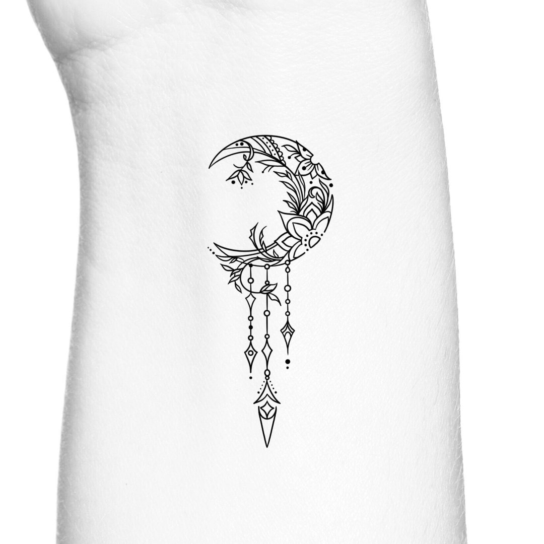 Wildflower Drippy Dotwork Crescent Moon Dreamcatcher Temporary Tattoo ...