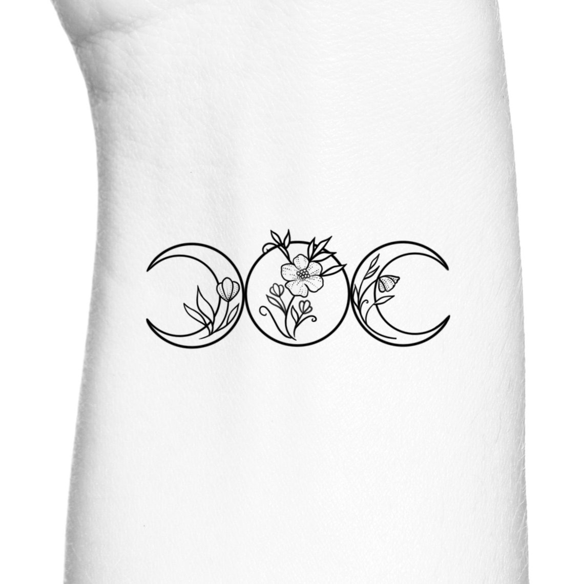 Wildflower Triple Moon Goddess Outline Temporary Tattoo / Maiden Mother ...