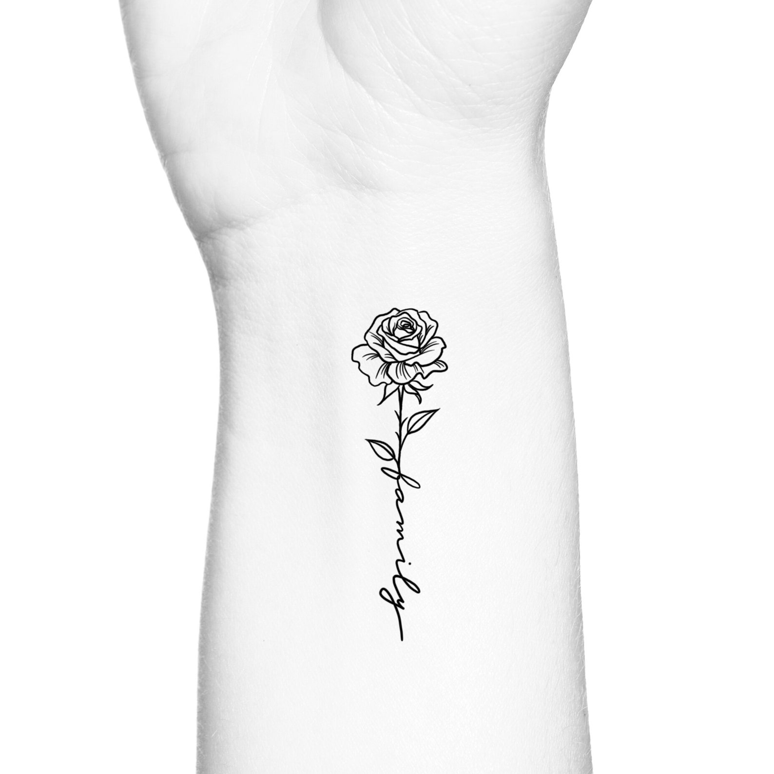 Rose Outline With Family in Cursive Stem Temporary Tattoo / Feminine ...