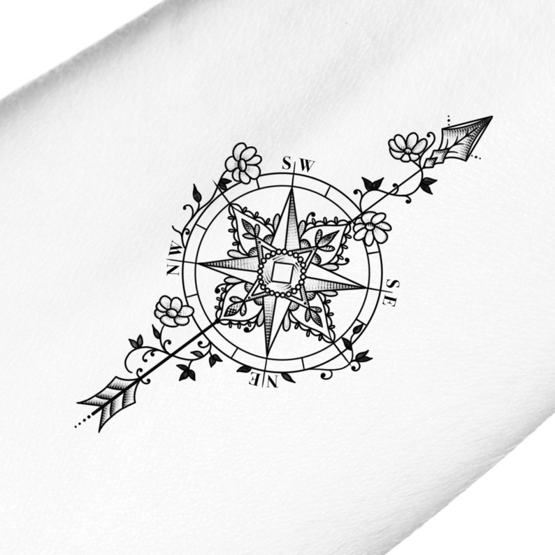 Feminine Floral Mandala Compass Rose Arrow Temporary Tattoo - Etsy