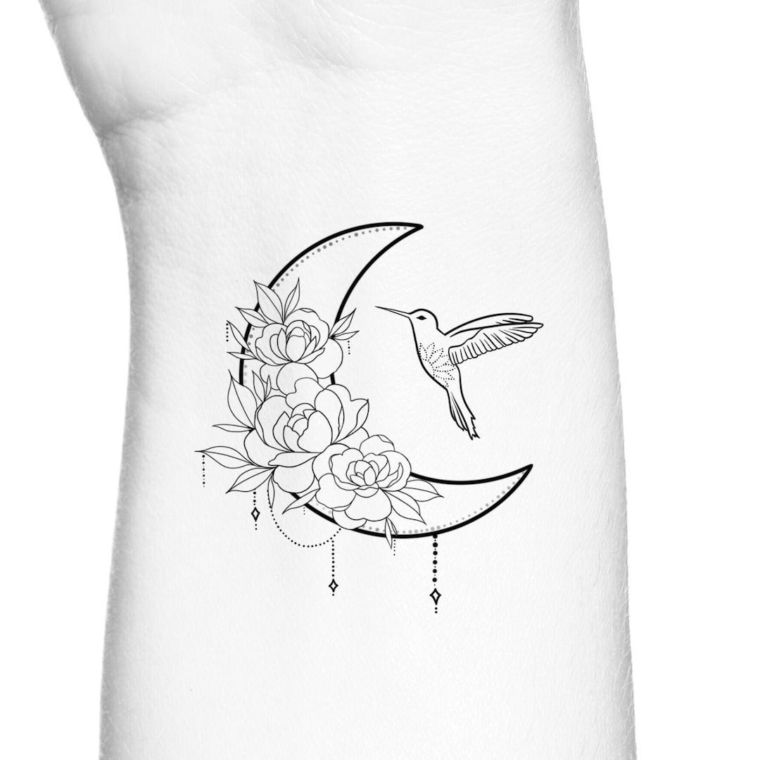 Hummingbird Floral Crescent Moon Temporary Tattoo / Wildflower Dotwork ...
