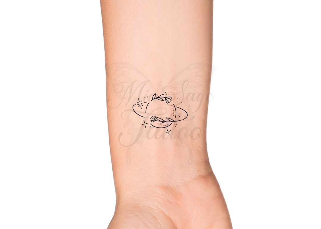 Dainty Floral Saturn Planet Space Outline Feminine Temporary Tattoo - Etsy
