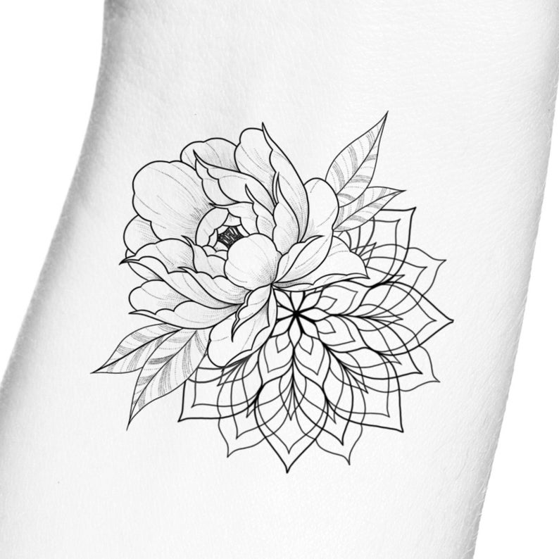 Floral Peony Mandala Temporary Tattoo / Delicate Flowers / Geometric ...