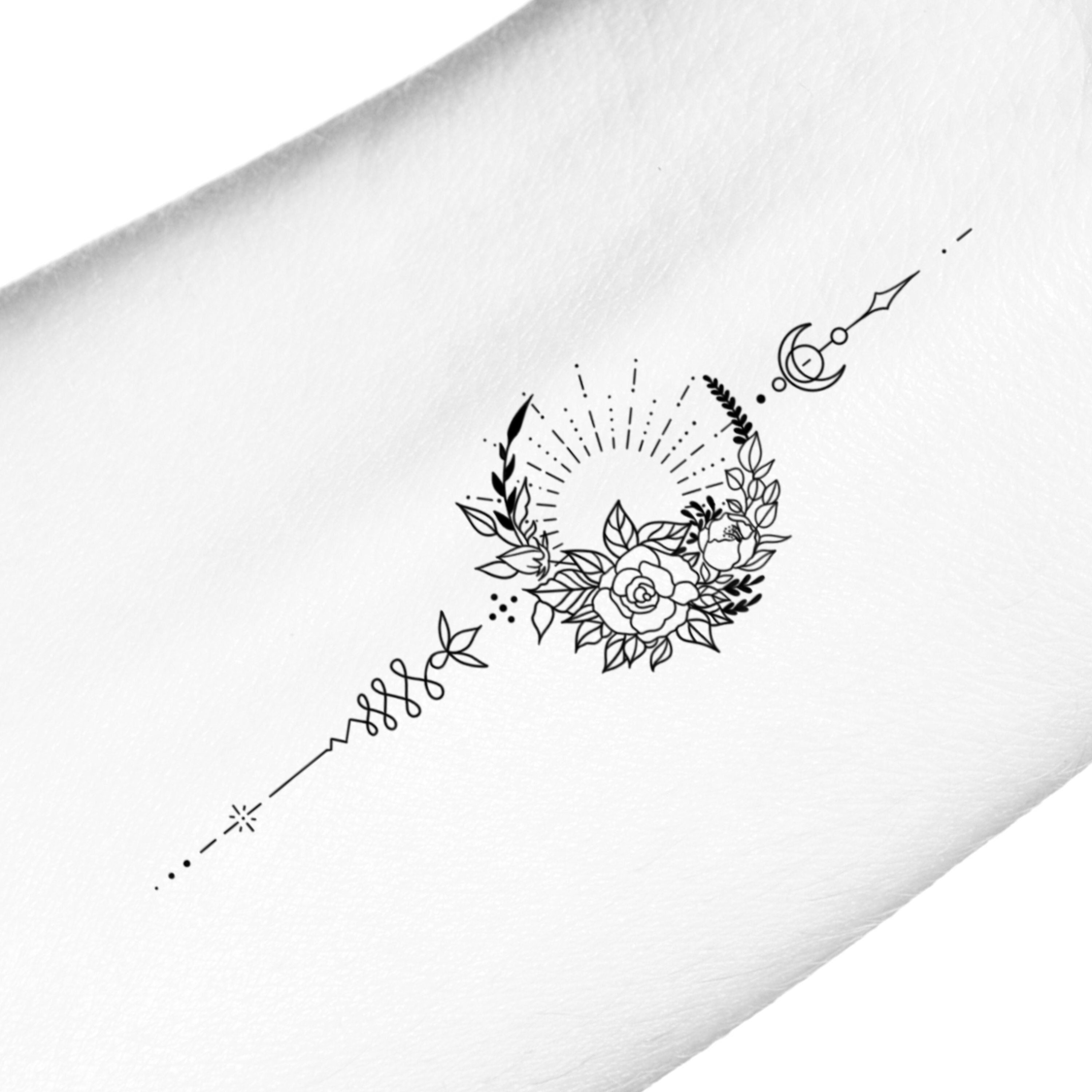 Sun and Moon Geometric Botanical Floral Unalome Temporary Tattoo - Etsy