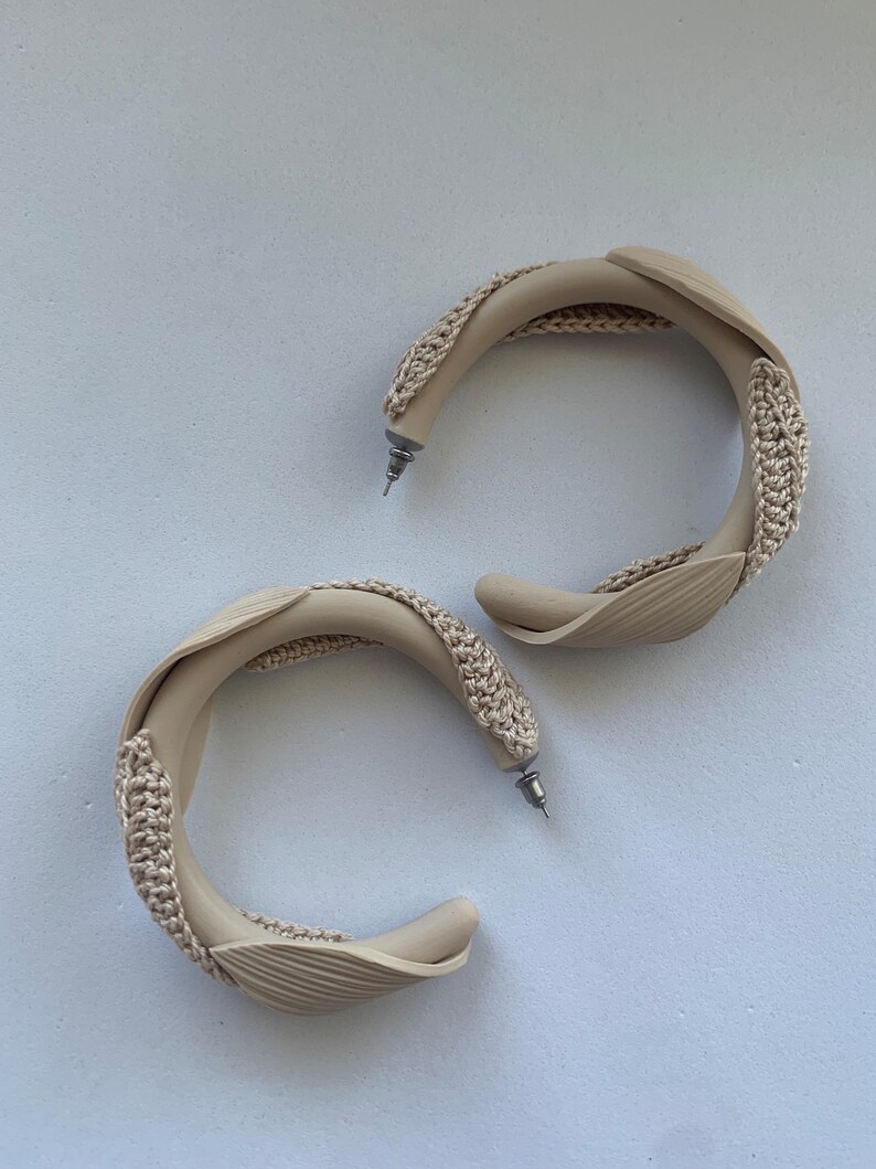 Handmade Crochet Clay Hoops, White Hoop Earrings, Wedding Earrings ...