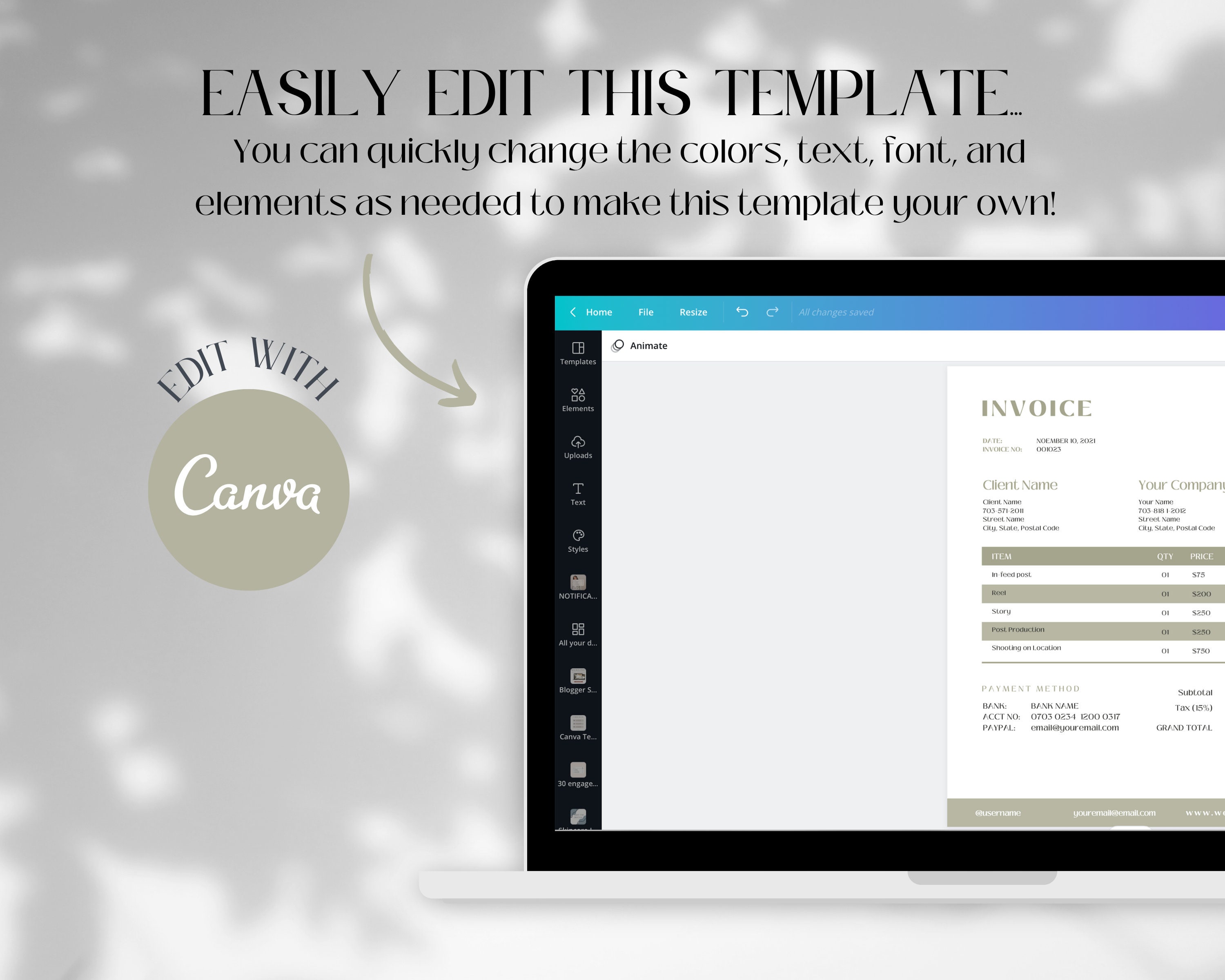 Invoice Template, Editable in Canva, Editable Invoice Template, Small ...