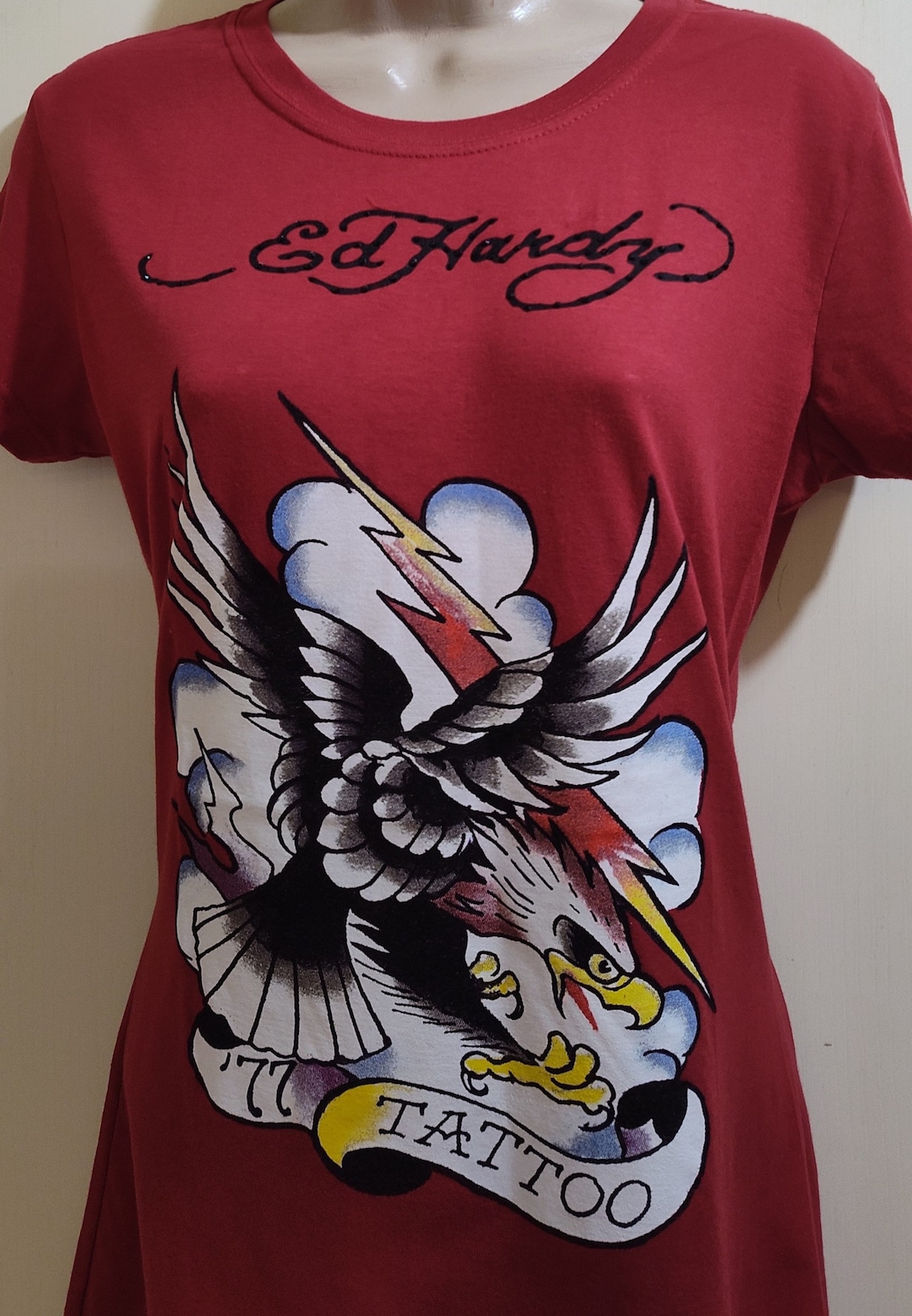 Ed Hardy Red With Eagle Graphics Rhinestone Logo Name Size Large 77 ...