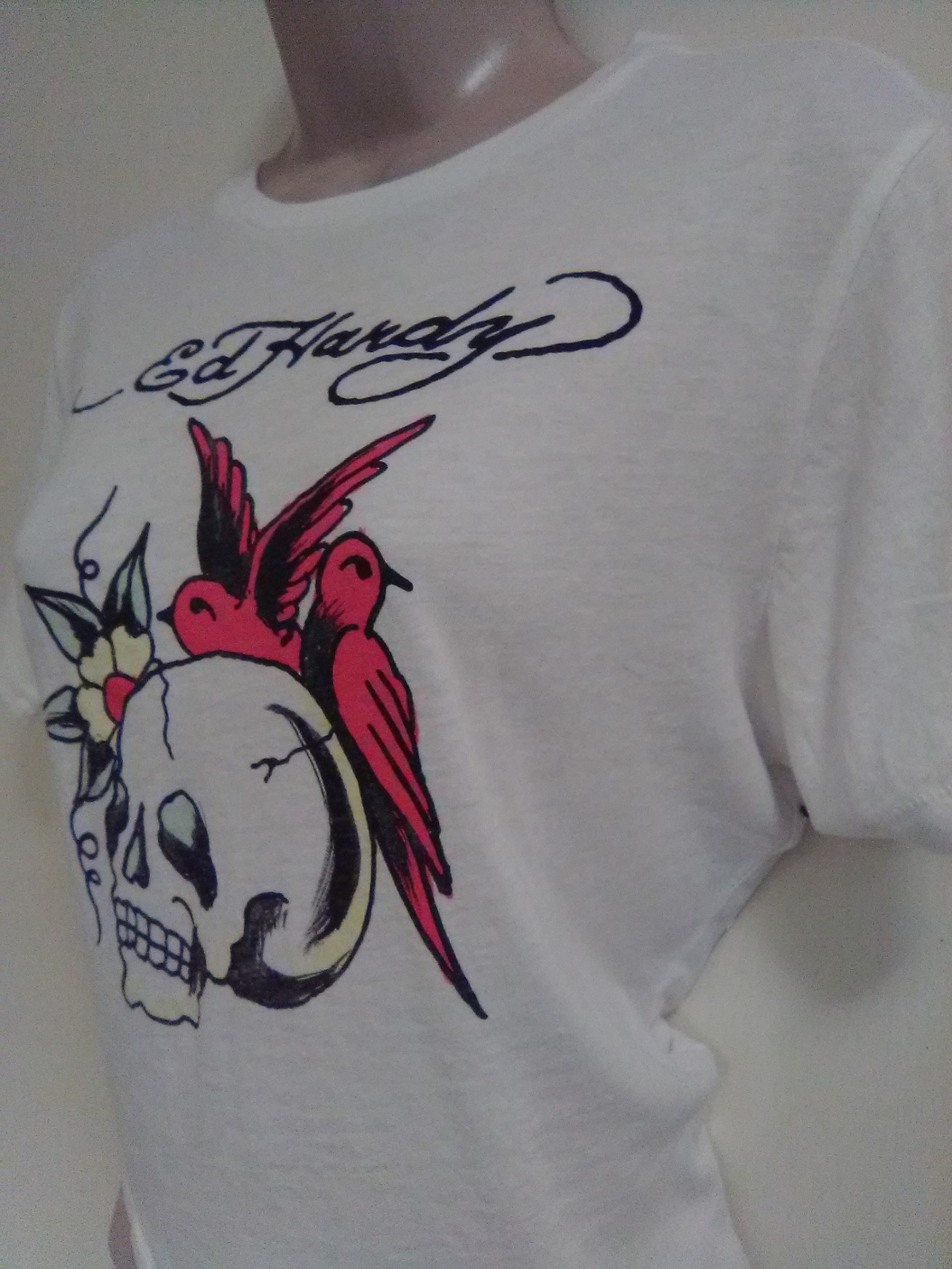 Ed Hardy White Crop T-shirt Size Large With Skull & Red Bird - Etsy