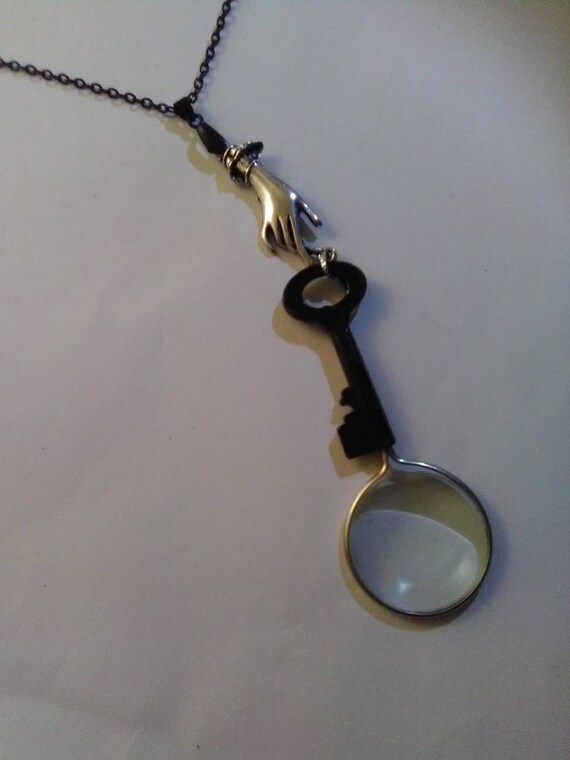 Magnifying Glass Skeleton Key and Silver Hand Monocle Pendant | Etsy