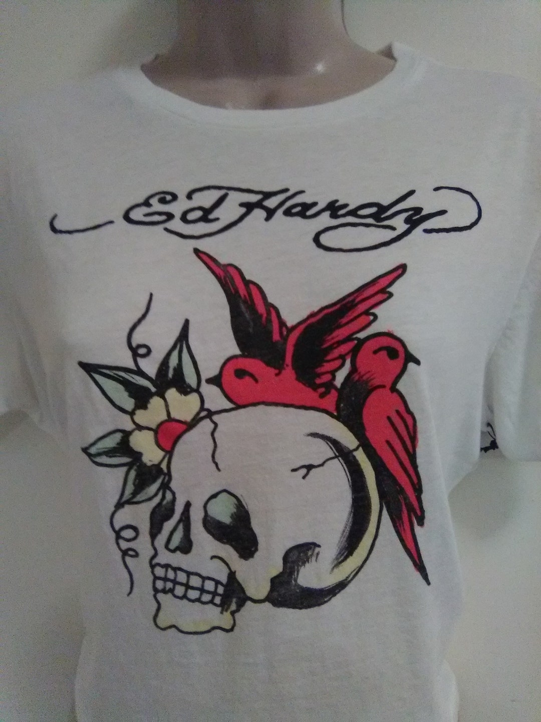 Ed Hardy White Crop T-shirt Size Large With Skull & Red Bird - Etsy