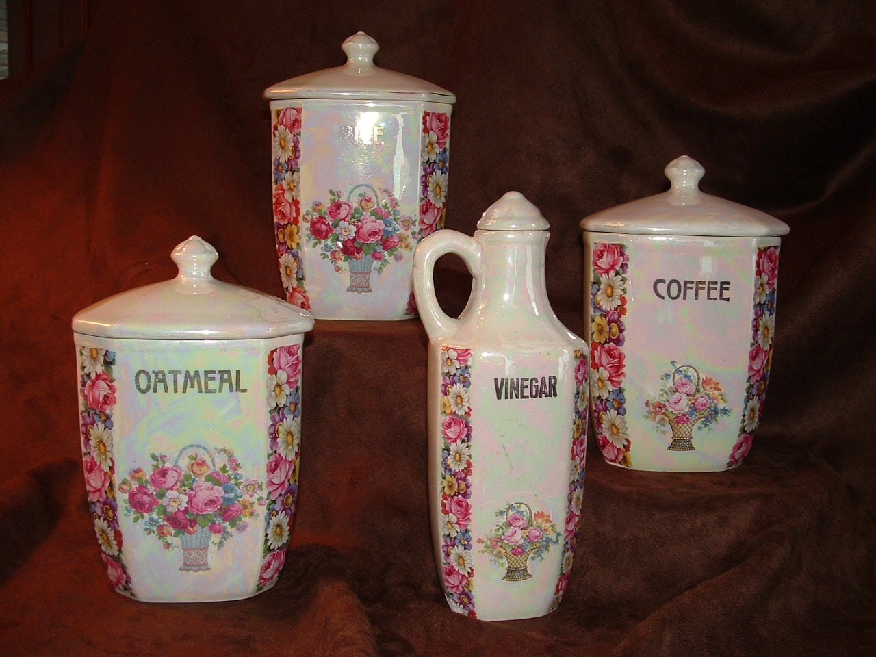 Lusterware Canister Set Czechoslovakia Oatmeal, Rice, Coffee, Vinegar ...
