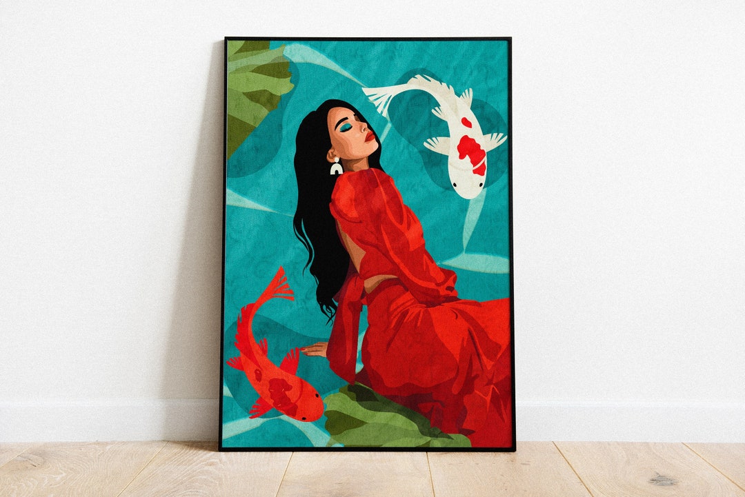 Japanese Theme Woman Art Print, Surrounded by Koi Art Print, Woman ...