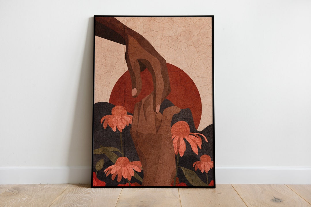 Connection Art Print: Hands Reaching Out and Flowers Illustration Wall ...
