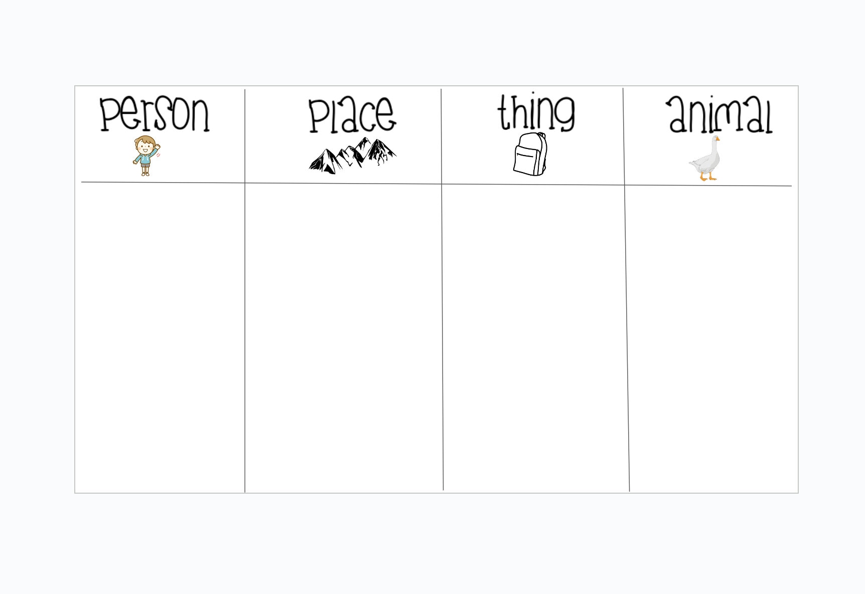 Tabla de sustantivos: persona lugar cosa animales - Etsy España