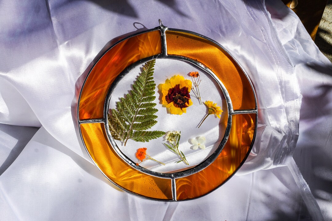 Round Orange and Yellow Sun Catcher With Pressed Flowers | Great Gift ...