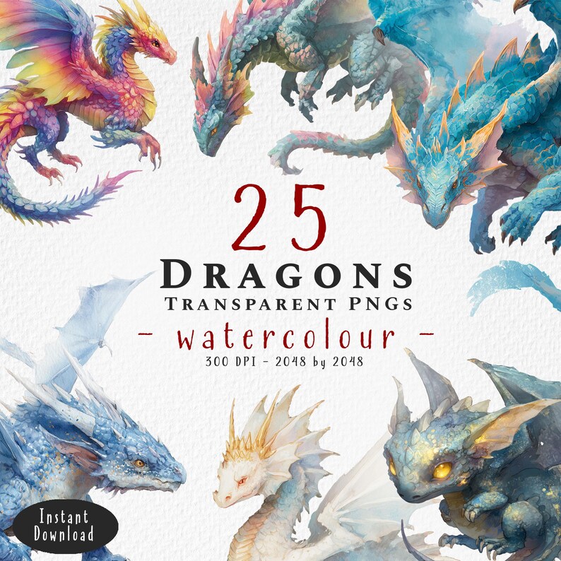 Fantasy Dragon Clipart Bundle - 25 Watercolor Dragons PNG, Transparent ...