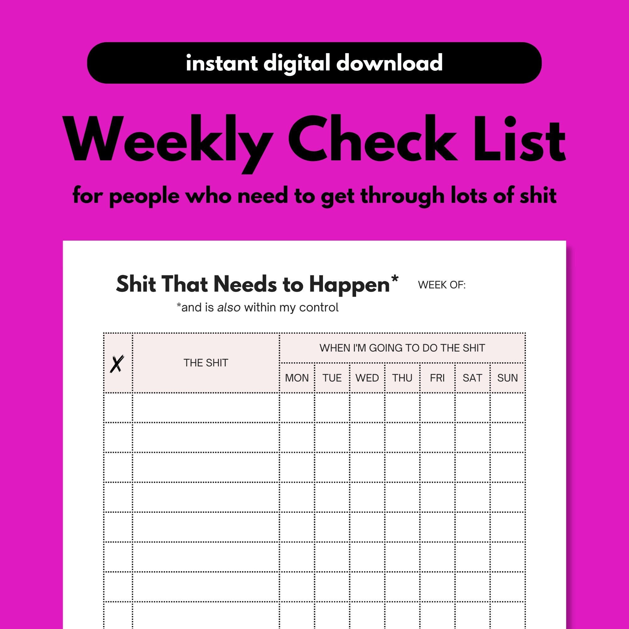 A Weekly Checklist for Planning Your Shit: Weekly Check List. - Etsy