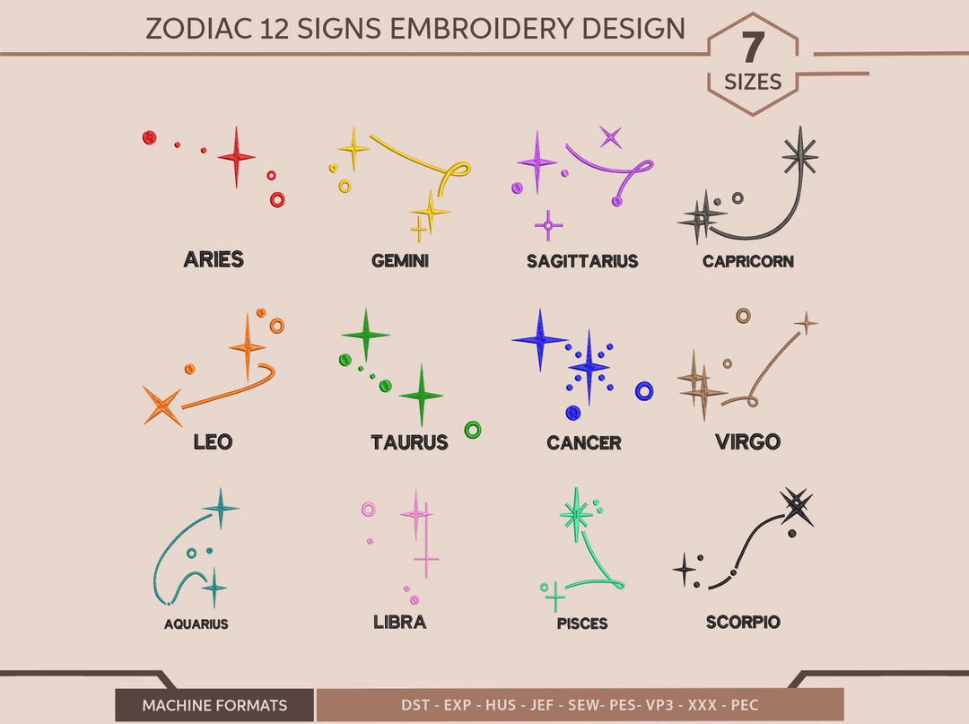 Zodiac Signs Embroidery Design. Astrology Embroidery Design Aquarius ...