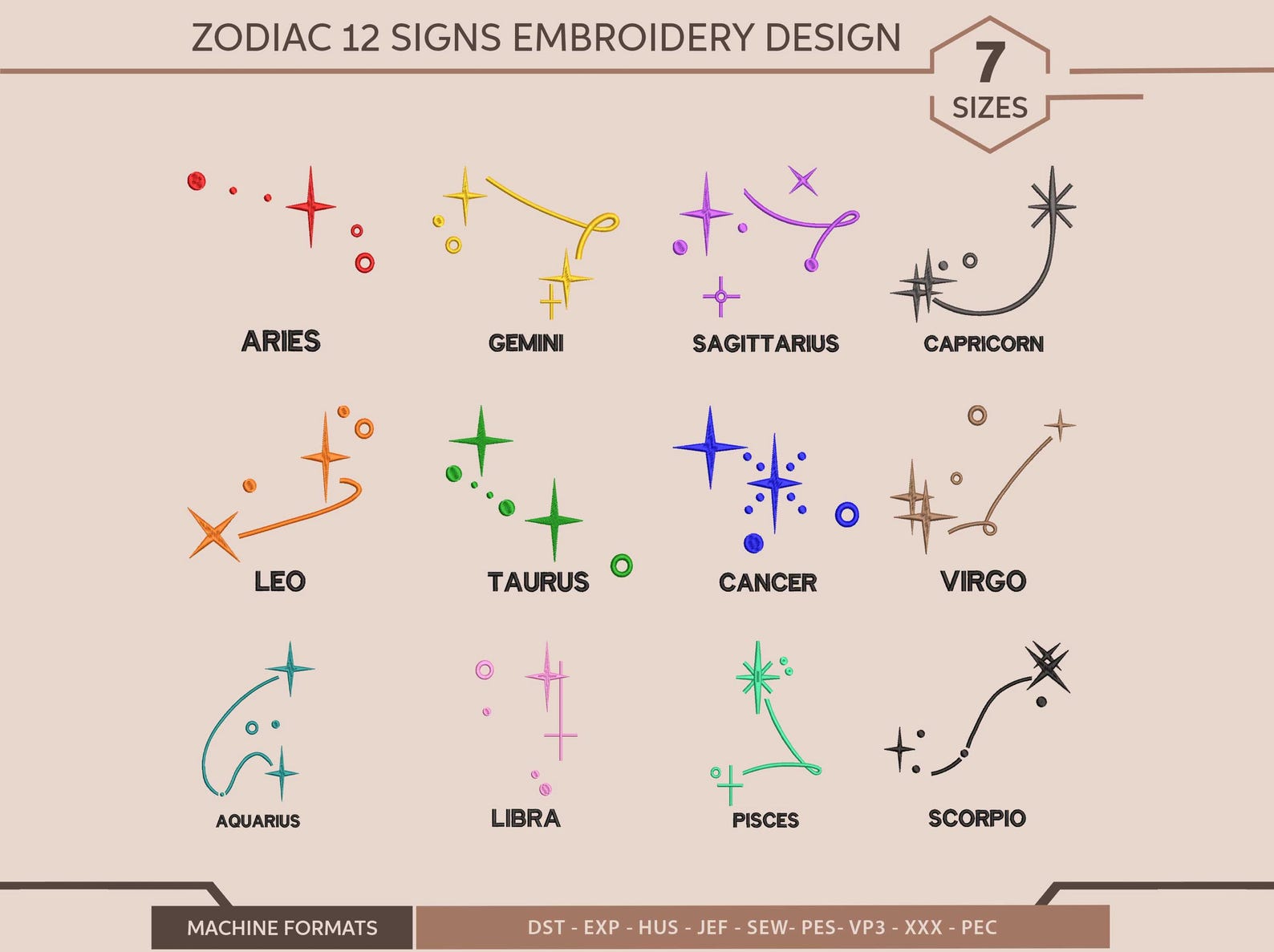 Zodiac Signs Embroidery Design: Astrology Constellation (7 Sizes) - Etsy