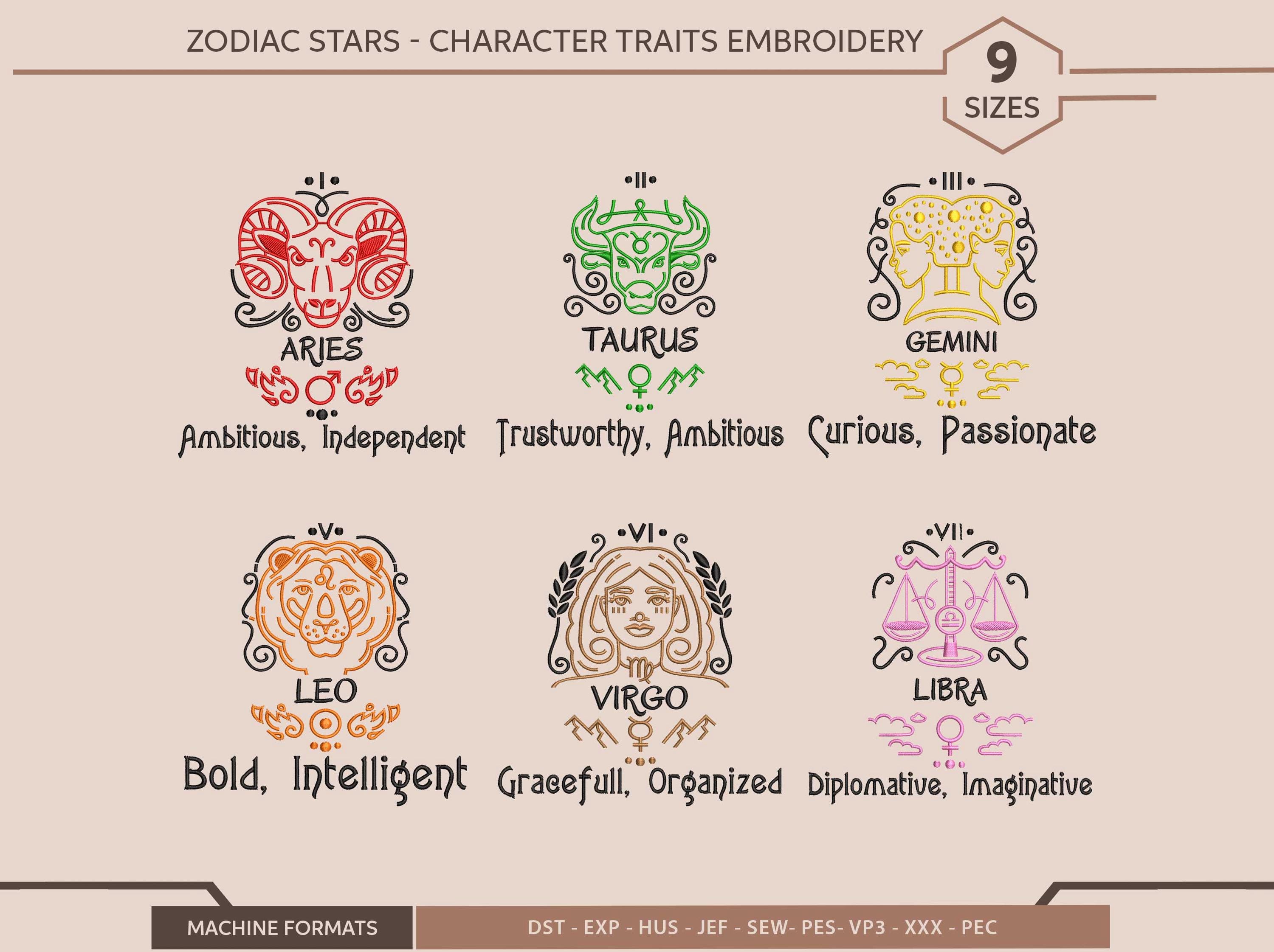 Zodiac Signs Embroidery Designs: Star Sign Traits (9 Sizes) (machine ...