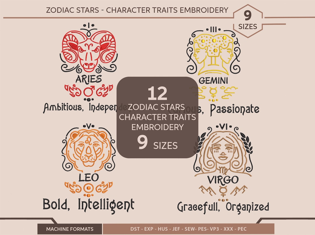 Zodiac Signs Embroidery Designs: Star Sign Traits (9 Sizes) (machine ...