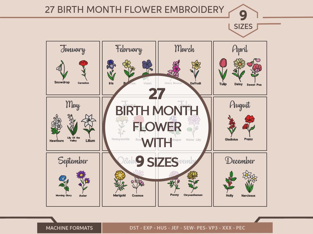 Birth Flowers Embroidery 27 Designs - Machine Embroidery Files - Floral ...