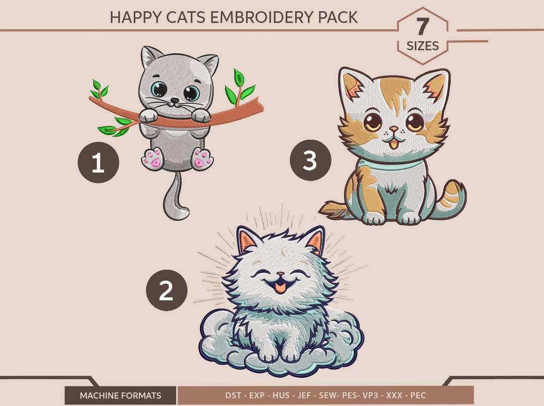 Cat Embroidery Designs, Cute Kitten Patterns , 3 Cats Embroidery ...