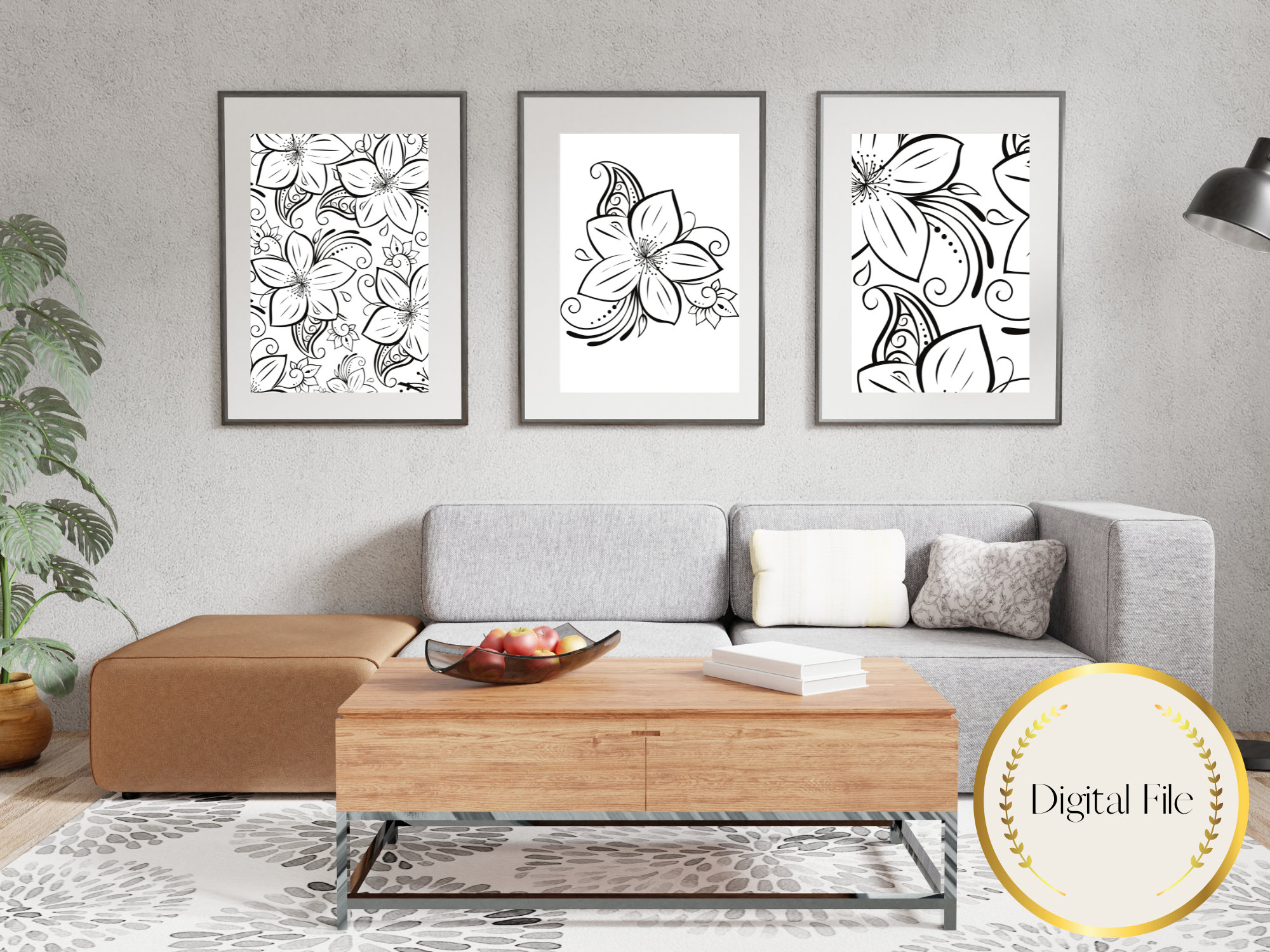 Wall Art Minimalistic Flowers, Instant Download X 3, Simple Home Decor ...