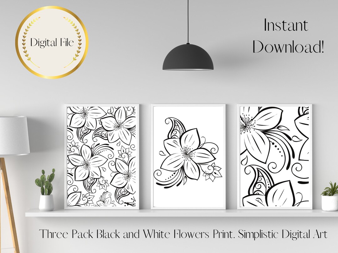 Wall Art Minimalistic Flowers, Instant Download X 3, Simple Home Decor ...