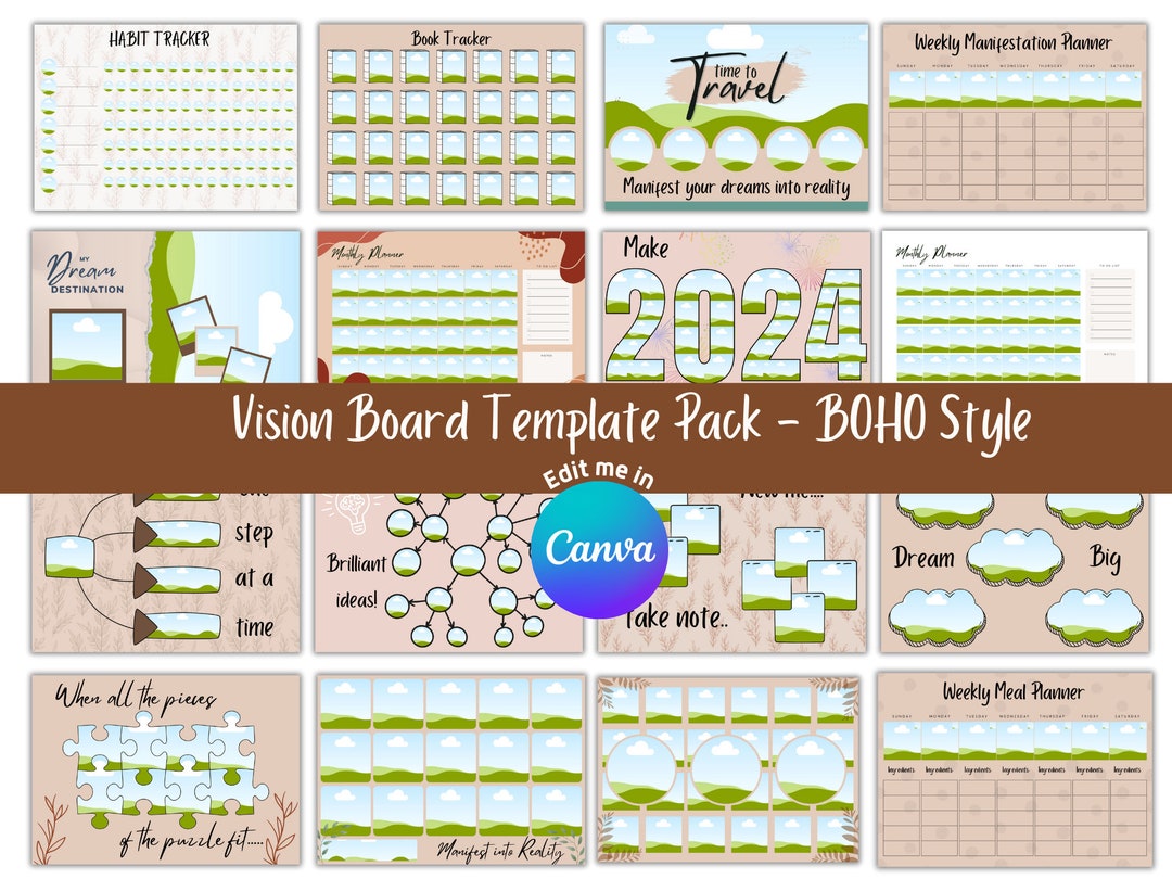 Boho Vision Board Template, Printable Vision Board Kit, Manifestation ...