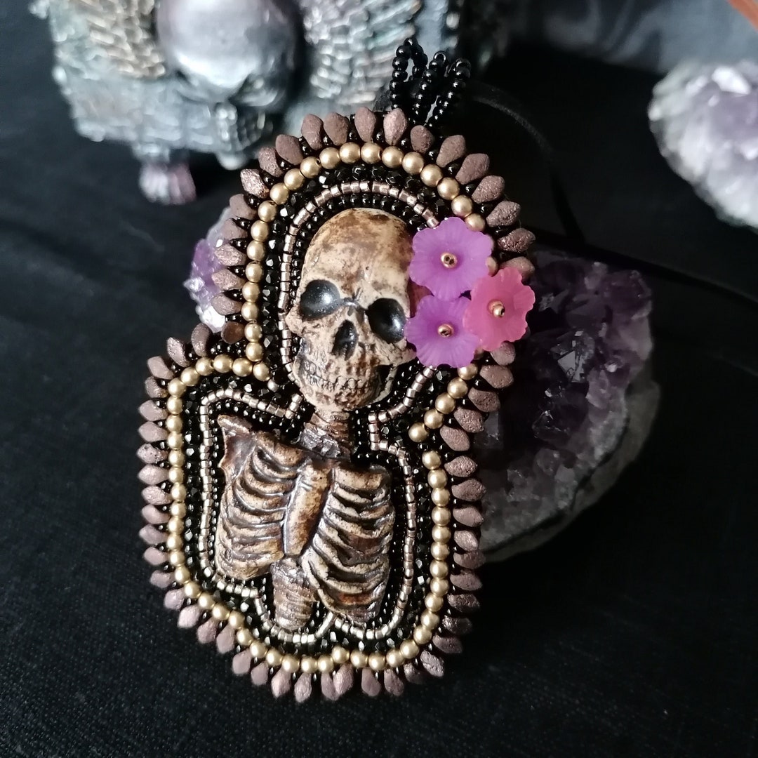 Gothic Pendant, Torso With Skull Made of Ceramic and Glass Beads. Bead ...