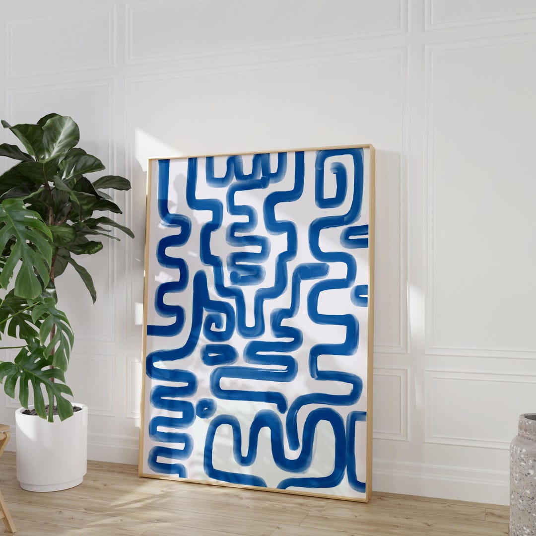 EXTRA LARGE Print/blue Squiggle/paint Brush Stroke/boho/mediterranean ...