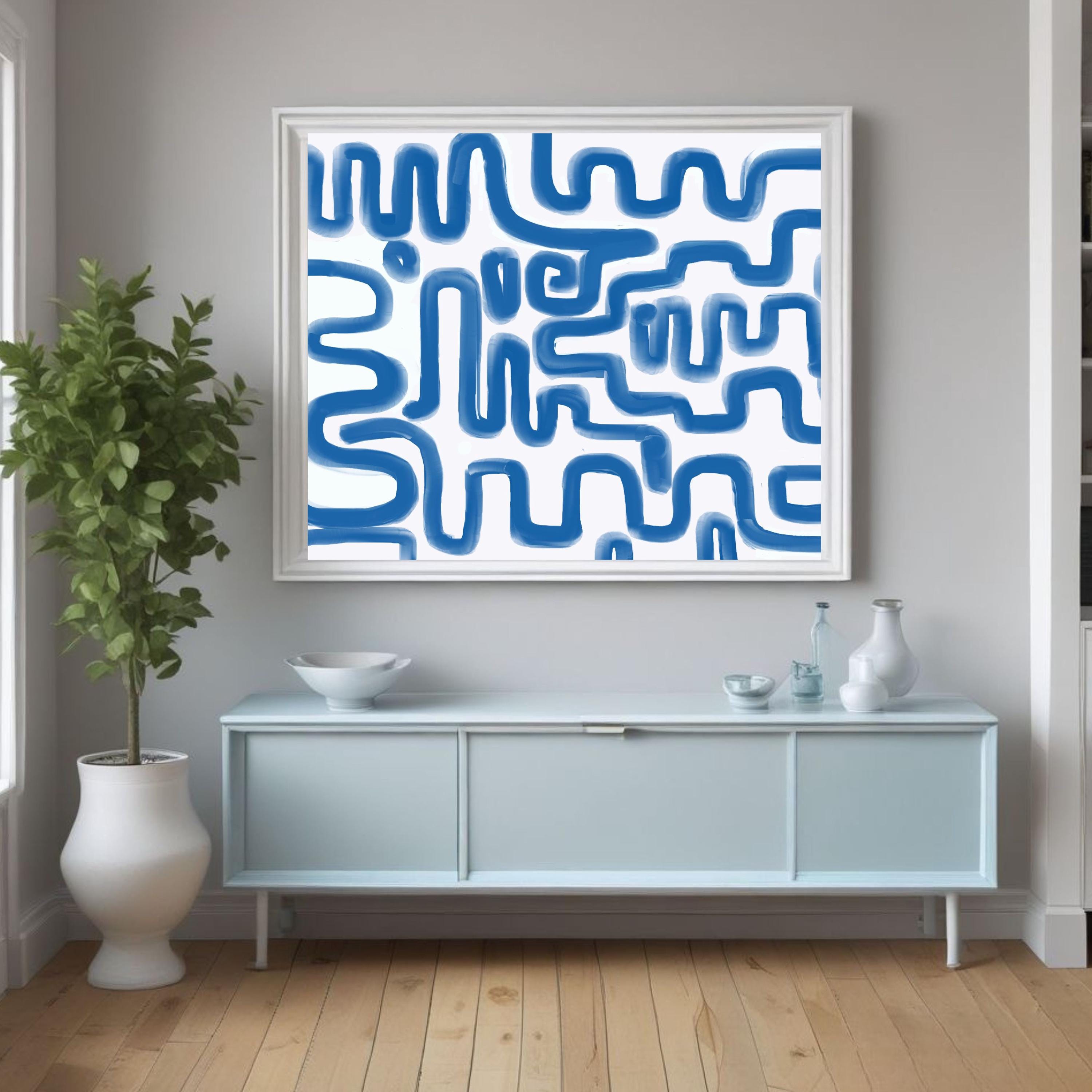 EXTRA LARGE Print/blue Squiggle/paint Brush Stroke/boho/mediterranean ...