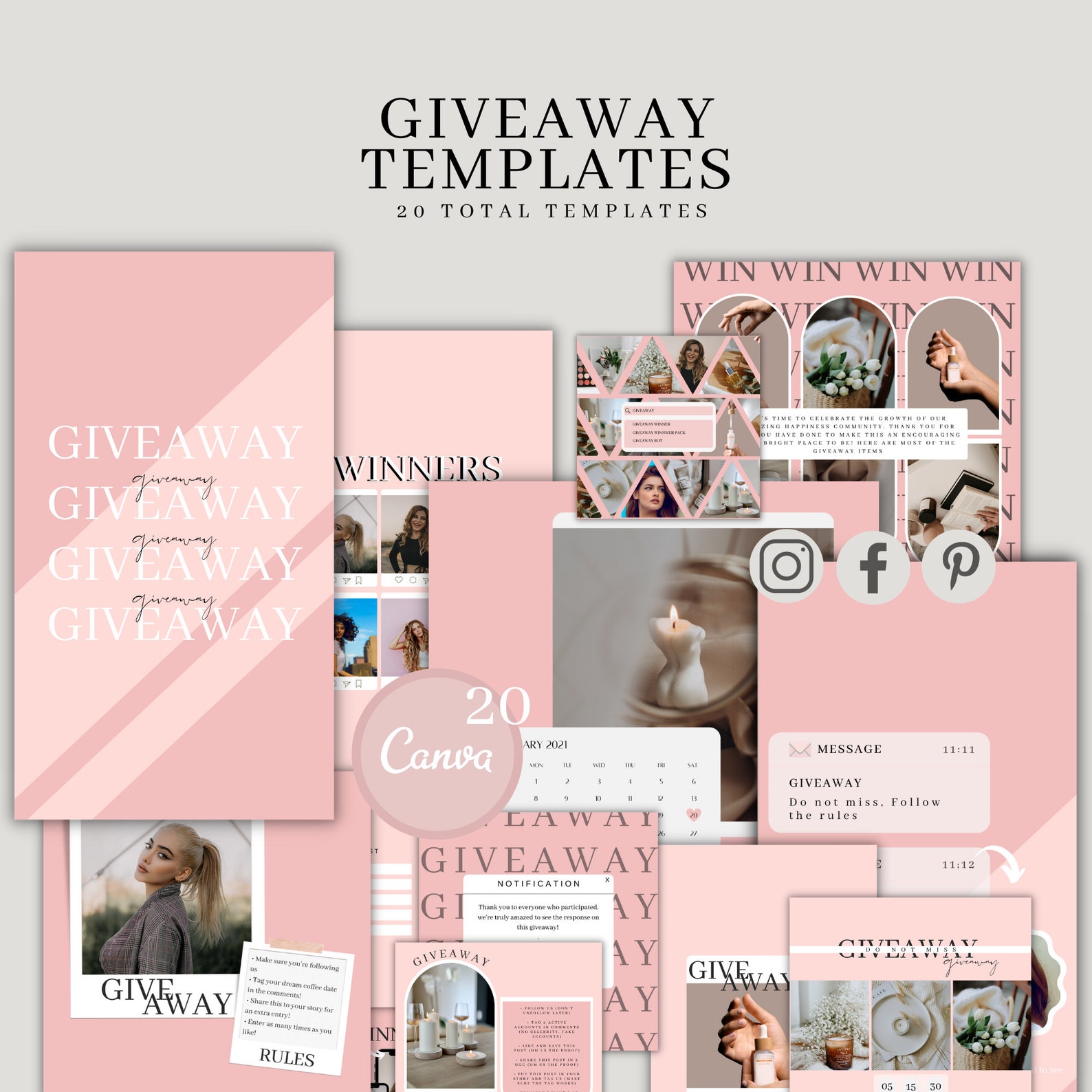 20 Instagram Giveaway Post Templates Pink Canva Social Media - Etsy Canada