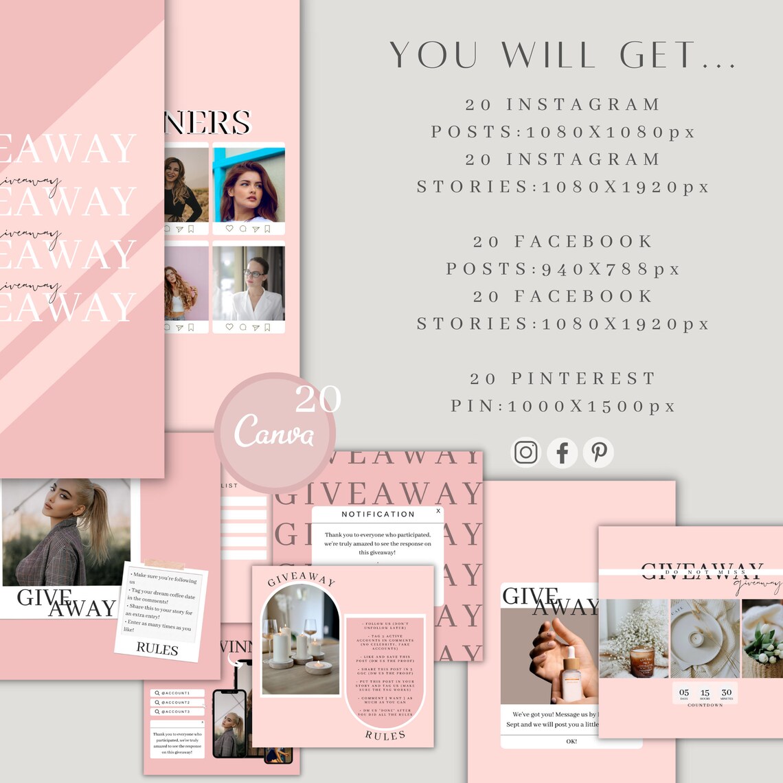 20 Instagram Giveaway Post Templates Pink Canva Social Media - Etsy