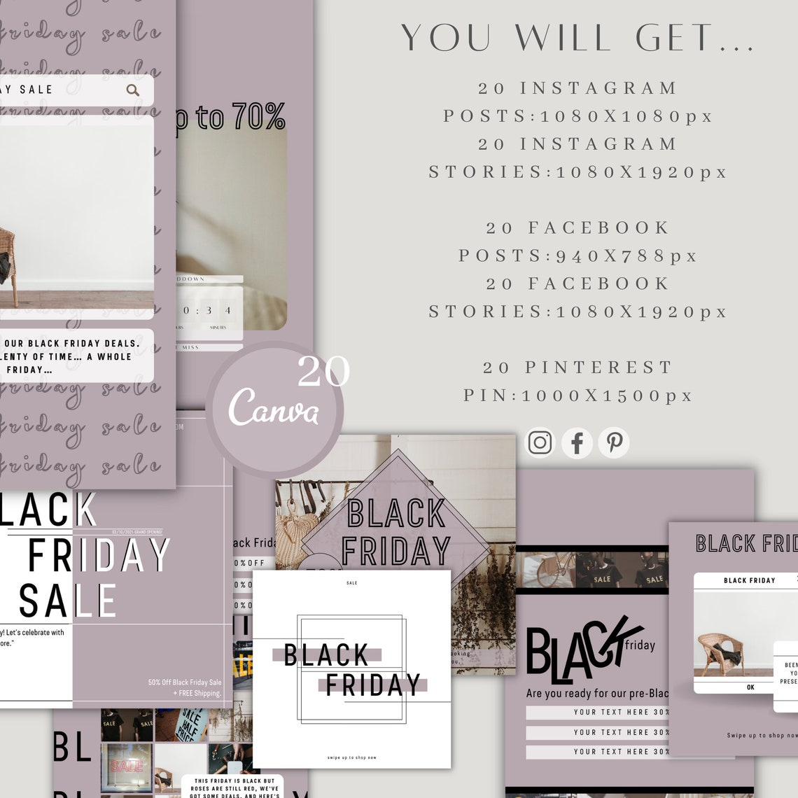 20 Purple Canva Business Template Editable Instagram Sales - Etsy