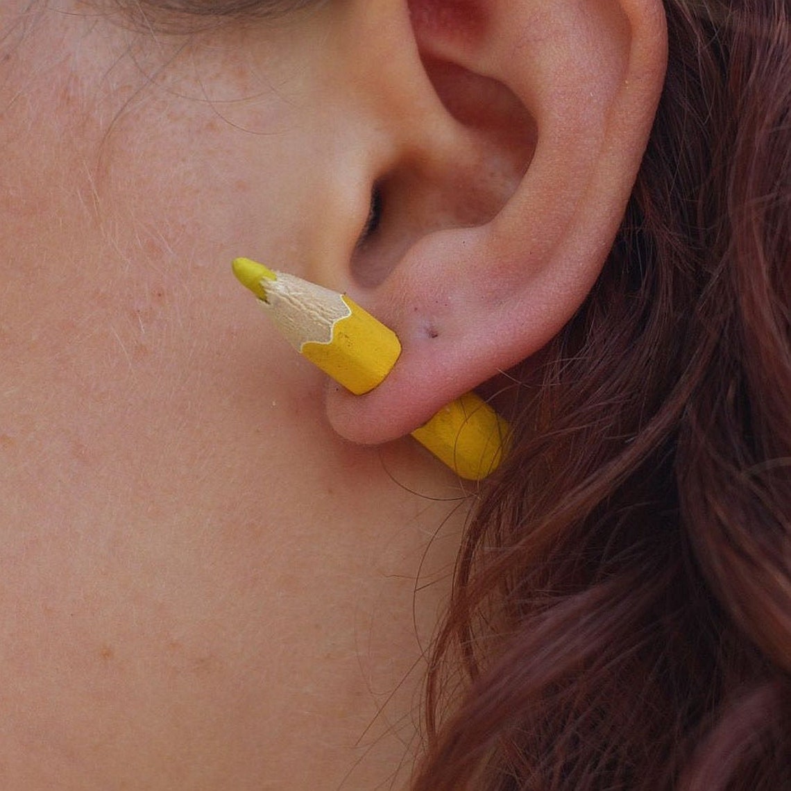 Colored pencil through ear earrings random color combo | Etsy