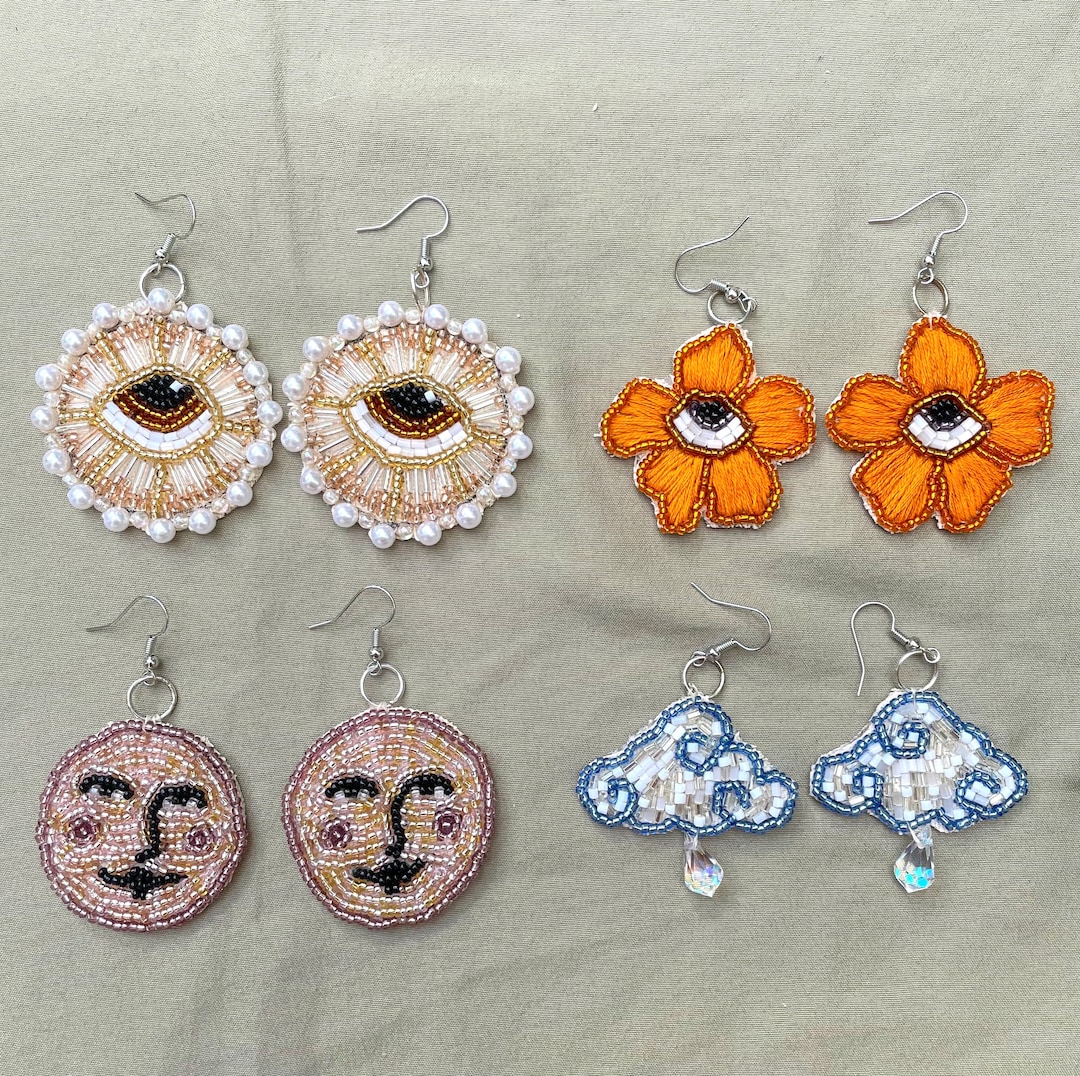 Hand-embroidered and Beaded Earrings - Etsy