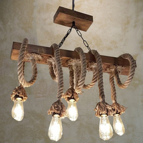 Natural Wooden Chandelier Rope Ceiling Light Rustic Light - Etsy