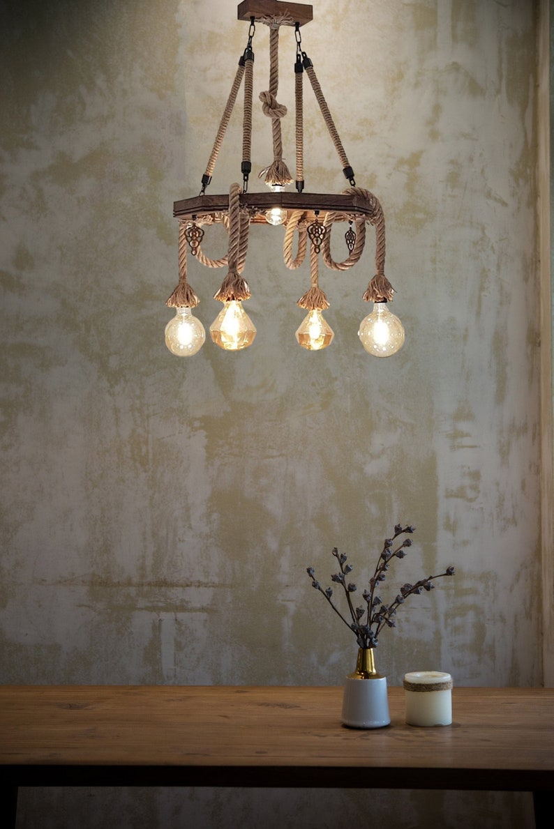 Natural Wooden Chandelier Rope Ceiling Light Rustic Light - Etsy
