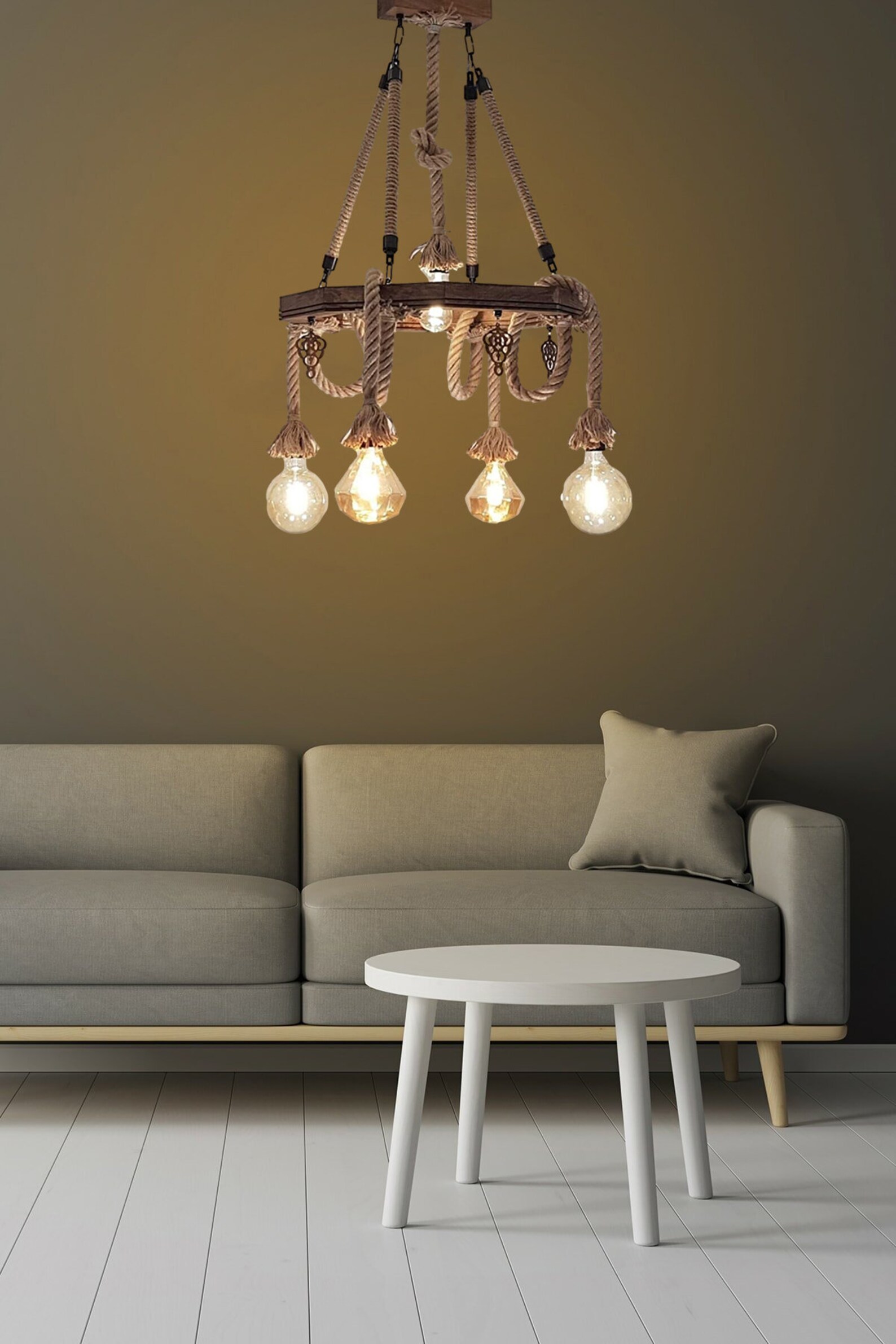 Natural Wooden Chandelier Rope Ceiling Light Rustic Light - Etsy