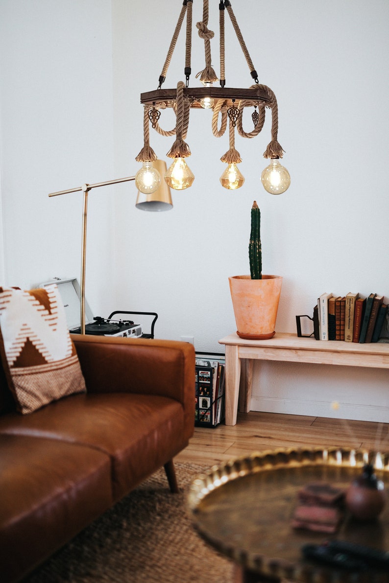 Natural Wooden Chandelier Rope Ceiling Light Rustic Light - Etsy