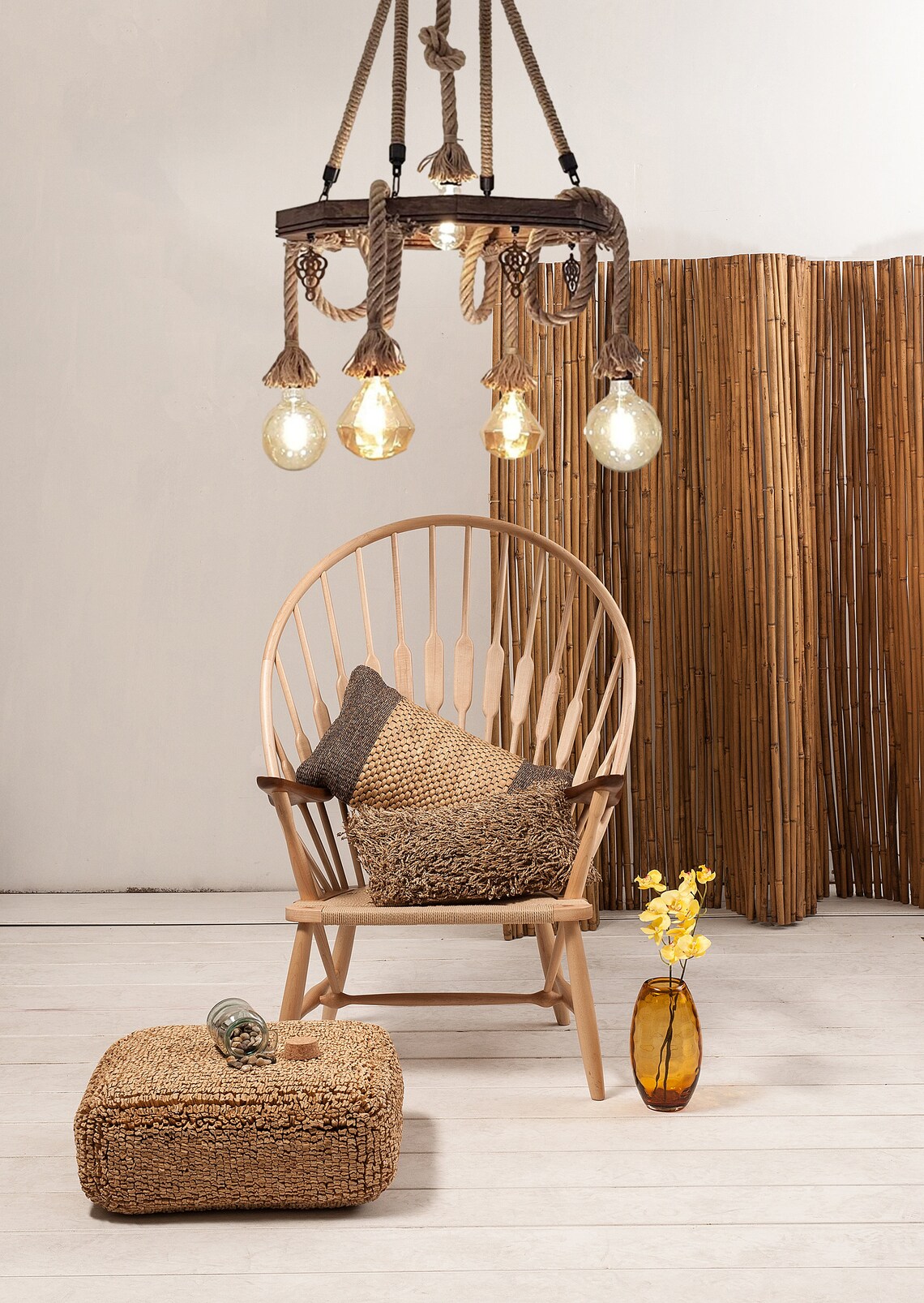 Natural Wooden Chandelier Rope Ceiling Light Rustic Light - Etsy