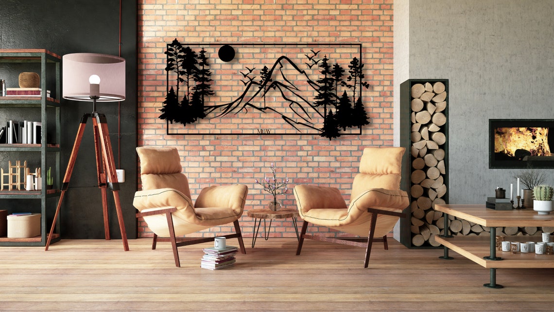 Chalet Decore, Fireplace Decorating, Metal Mountain Art, Metal Wall ...