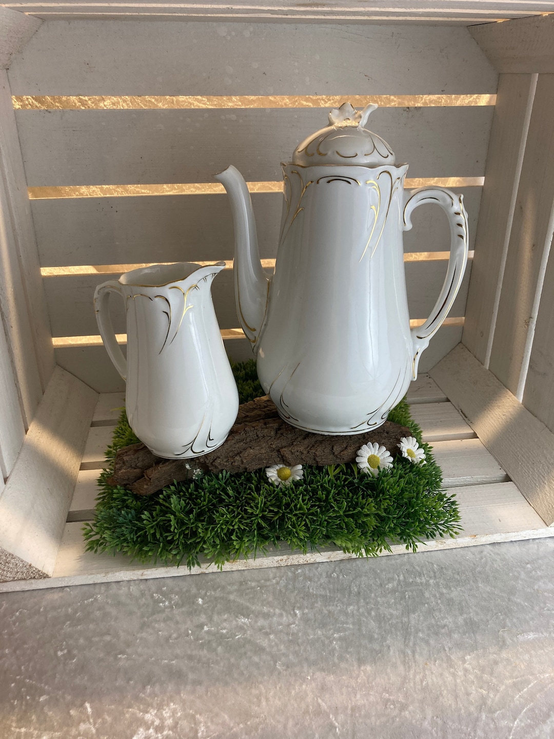 Antique Tea Set With Teapot and Cream Pourer, Porcelain, White/gold ...