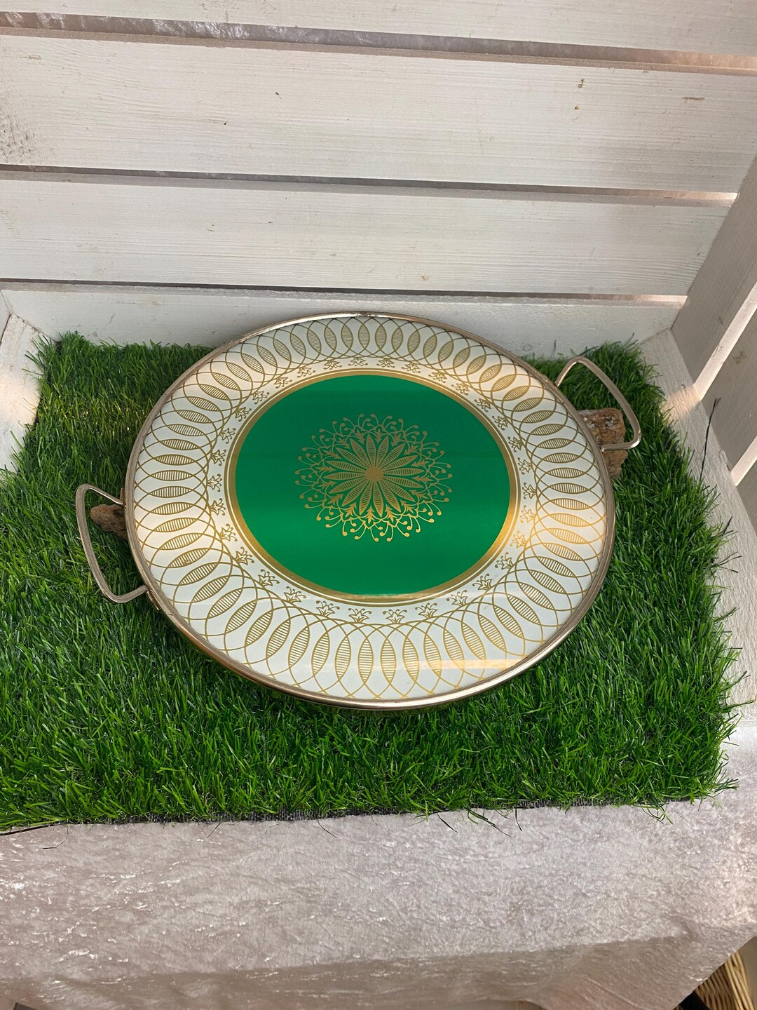 Vintage Cake Plate With Abstract Green/gold Decor, Round Serving Plate ...