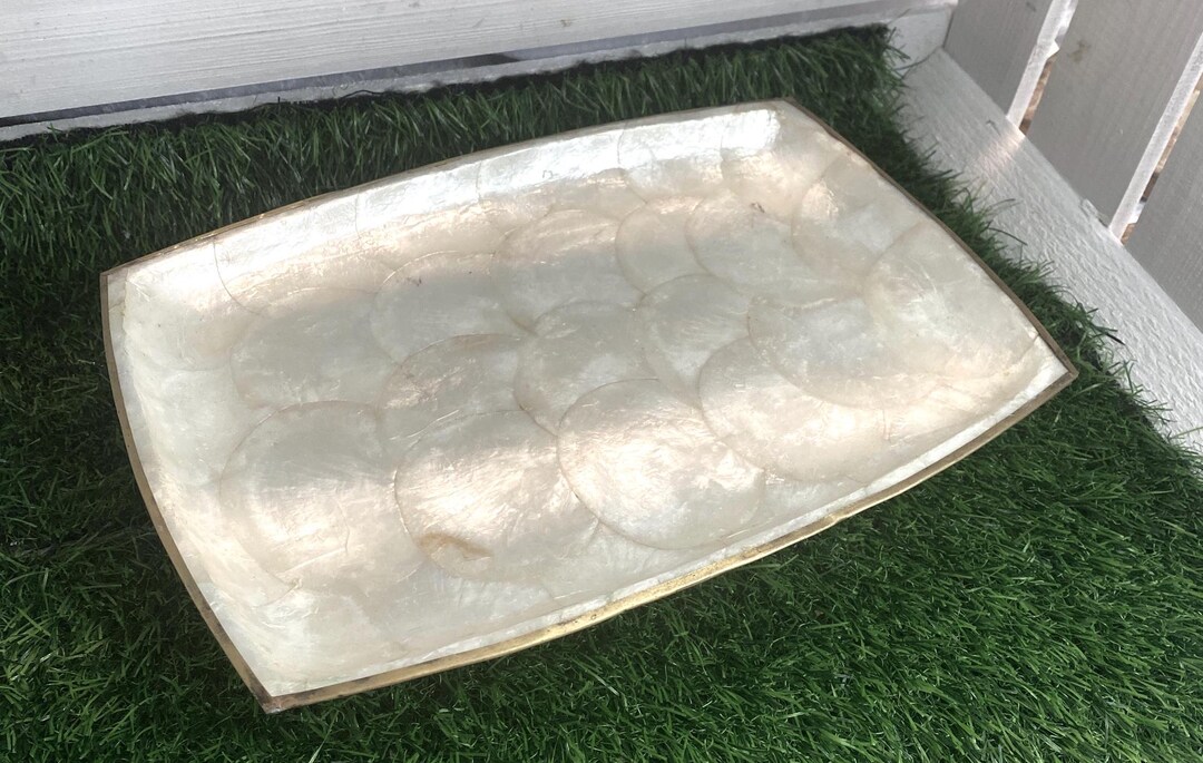 Vintage Golden Capiz Mother of Pearl Shell Plate Platter Jewelry ...