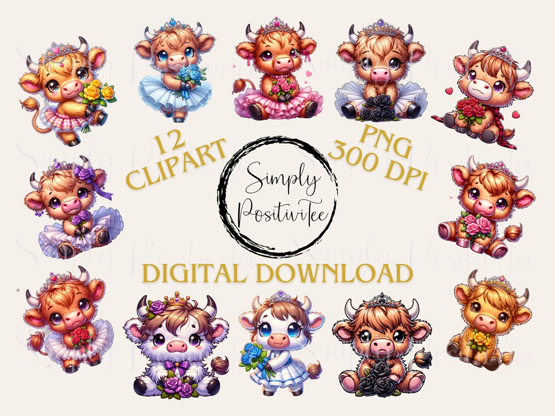 Baby Highland Cow Clipart Bundle, Highland Cow PNG, Cute Highland Cow ...