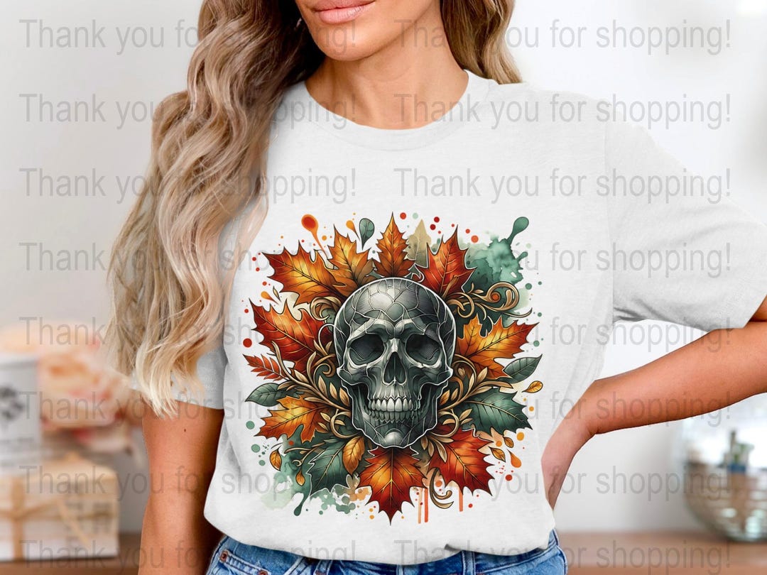 Autumn Skull PNG: Watercolor Fall Leaves, Gothic Halloween (digital ...
