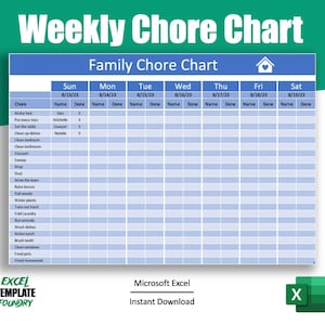 Weekly Chore Chart Excel Template for Family or Kids - Etsy
